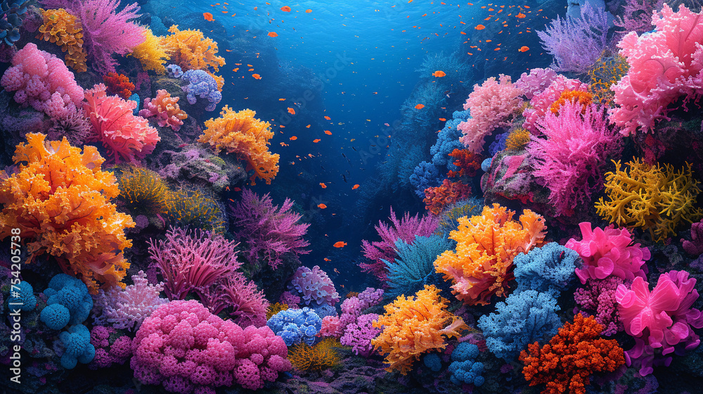 The sun shines down over a coral reef and schooling fish in the Red Sea ...