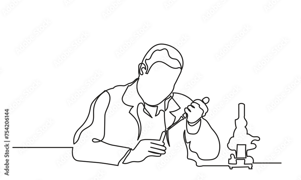 Vetor de Continuous line drawing of male scientists with a test tube ...