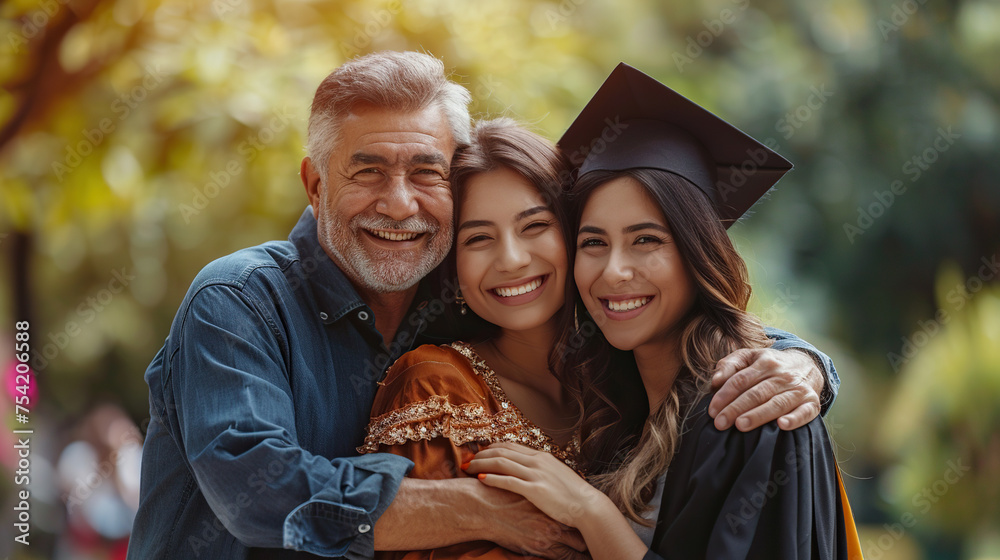 daughter graduation day, hugging happily with her parents Stock ...