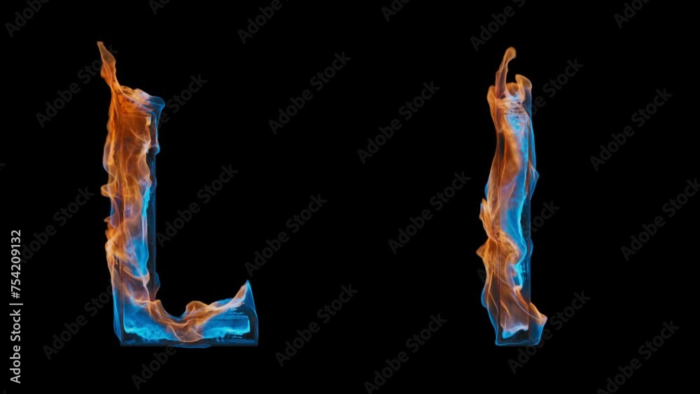 3D letter L appears by fire. Flame, covering the letter, dances bright ...