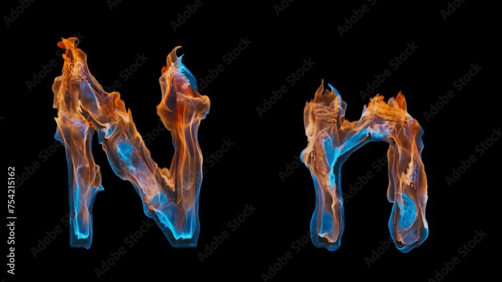 3D letter N appears by fire. Flame, covering the letter, dances bright ...