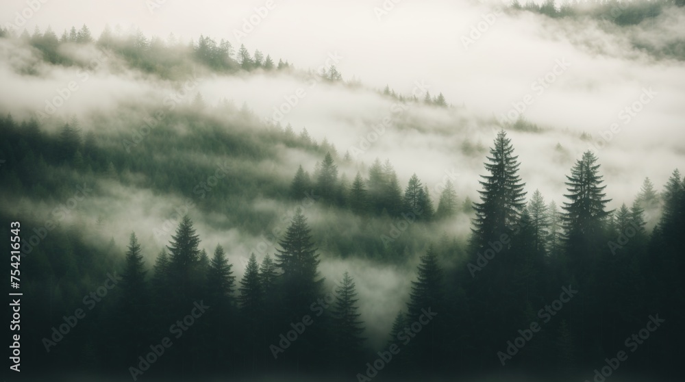 Ethereal fog wraps the lush evergreen forest, conjuring a moody ...