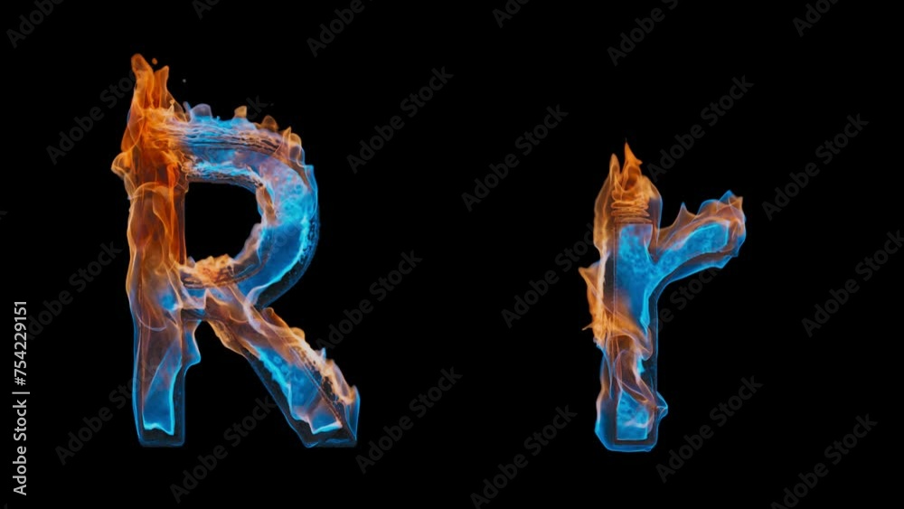 3D letter R appears by fire. Flame, covering the letter, dances bright ...