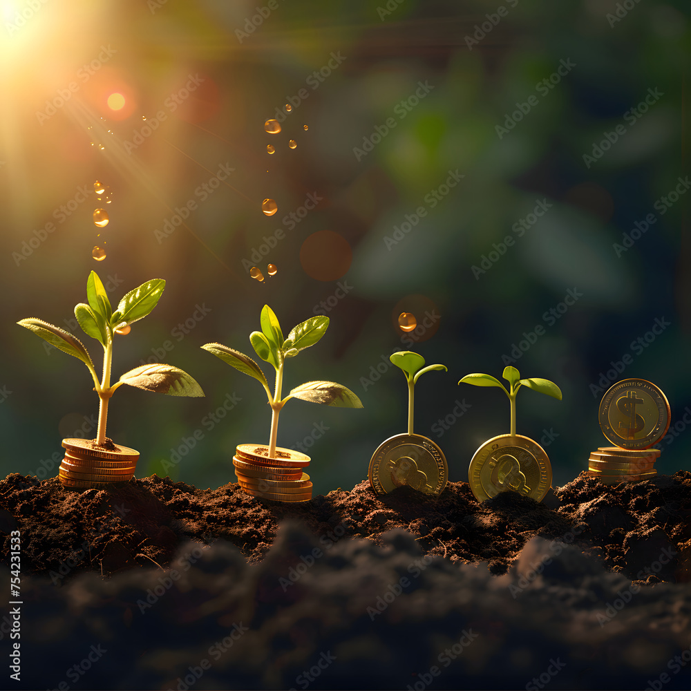 A close-up view of several coins with green Holy Basil sprouts with ...