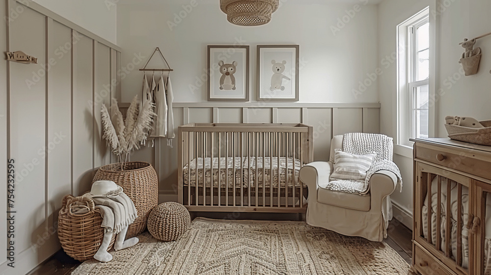 Gender neutral baby nursery room and decor over beige background. baby ...
