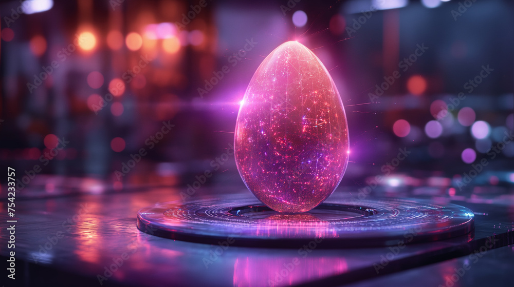 The egg in a digital neon circle. digital technology and eco friendly ...