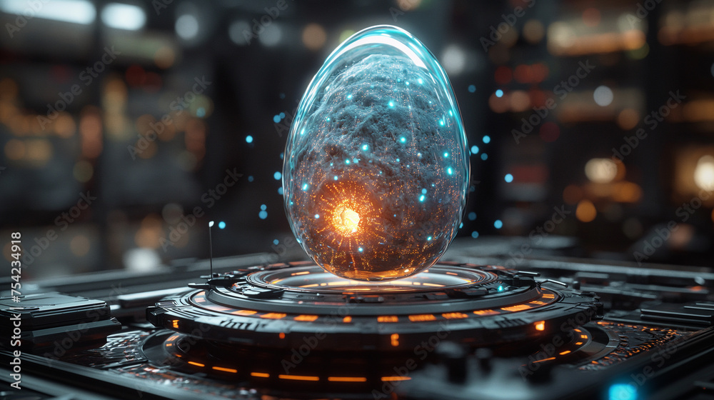 The egg in a digital neon circle. digital technology and eco friendly ...