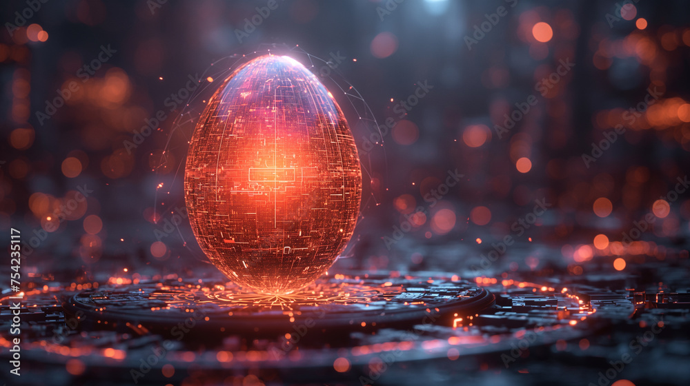 The egg in a digital neon circle. digital technology and eco friendly ...