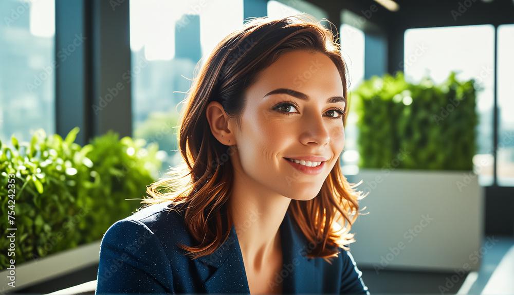 portrait of a business women modern green office spaces with planted ...