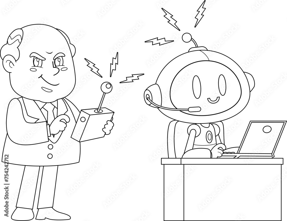 Outlined Business Boss Man Cartoon Character Using Remote To Enable AI ...