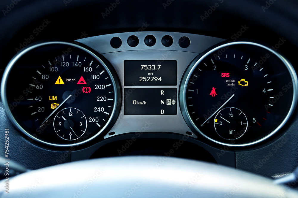 Dashboard car close-up. Car speedometer with illuminated. Screen ...