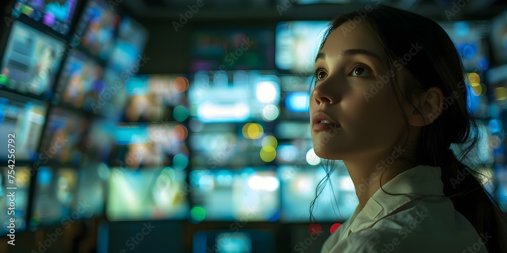 Female security guard working night shift monitoring surveillance ...
