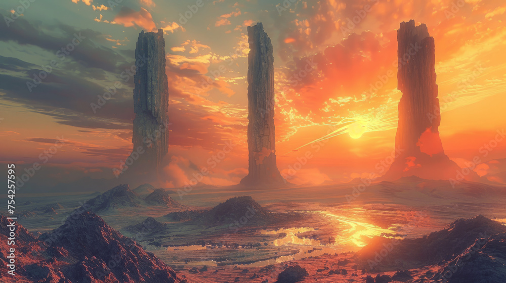 An artistic rendition of an alien landscape with towering rock ...