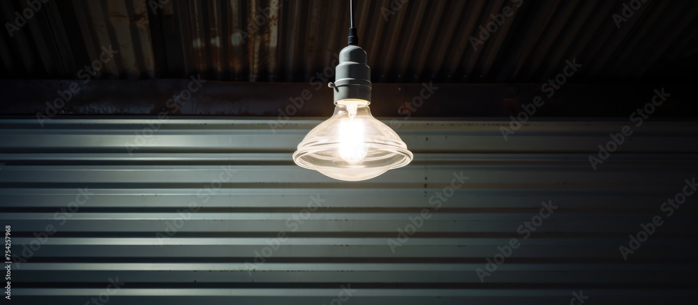 A light bulb is suspended from a white fixture attached to a corrugated ...