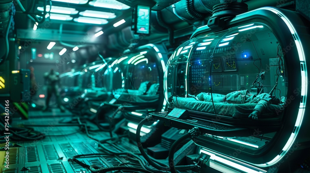 A 3D depiction of a dark futuristic alien laboratory with green and blue capsules Stock ...