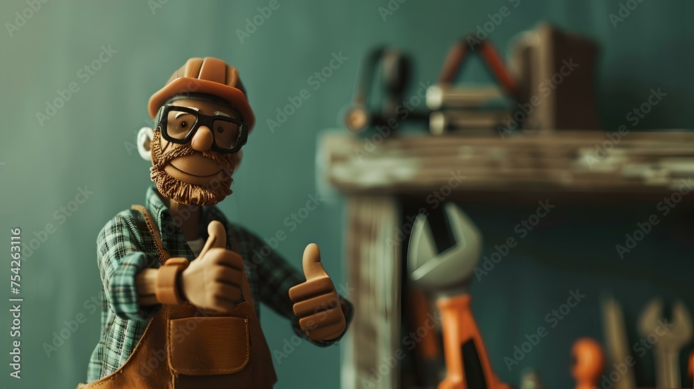 Animated craftsman character giving thumbs up in a workshop. whimsical ...