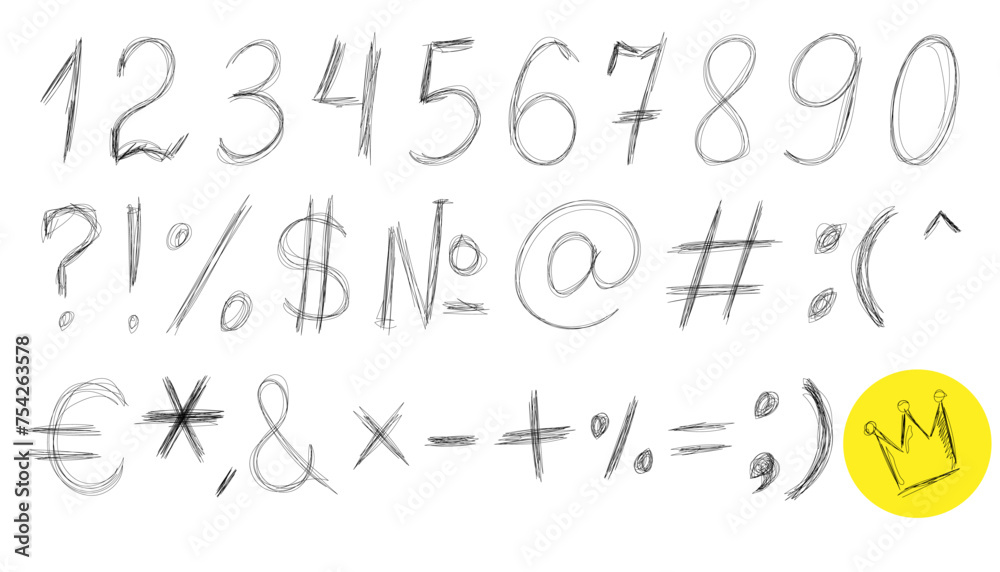 set of numeric symbols and punctuation symbols written by hand. hand ...