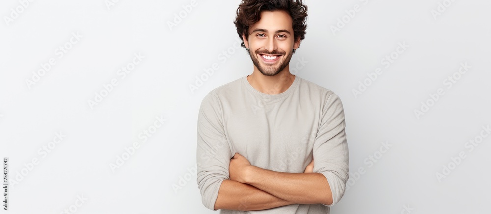 An attractive young, slim man is standing in front of a white wall with ...