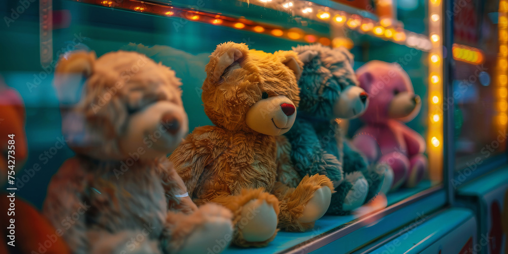 teddy bears and stuffed animals in an arcade claw machine, colorful ...