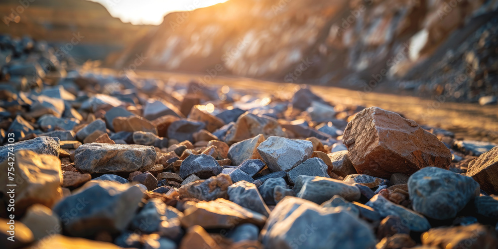 Closeup of rocks and earth at the site of an open pit mine, mine mining ...