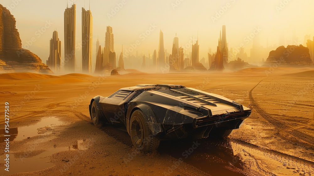 Armored vehicle trekking through desert with futuristic city in haze ...