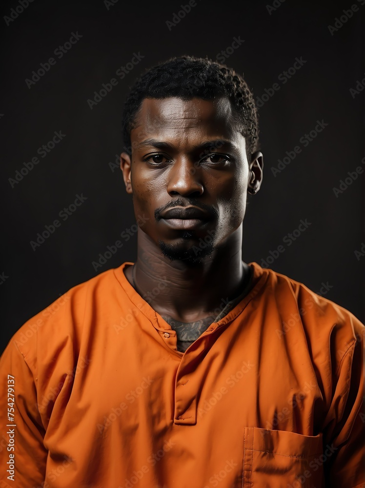 Portrait of a black african prisoner on orange jail uniform on plain ...