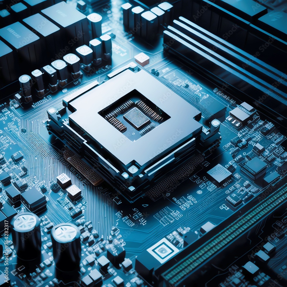 Motherboard with CPU and RAM on a processor. Computer motherboard with ...