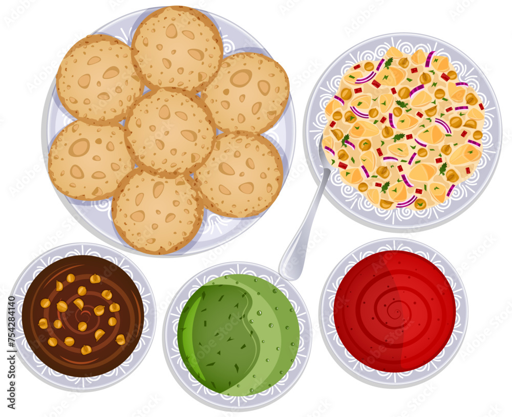 Pani Puri with Filling and Chutneys on Side - Top View Vector ...