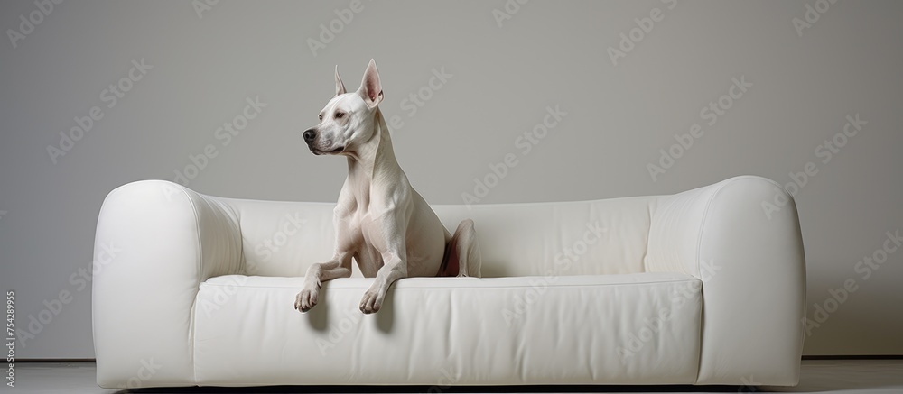 A white dog is comfortably seated on a white couch, blending seamlessly ...