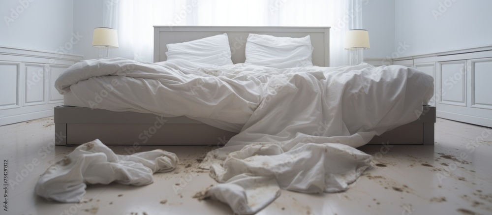 A white bed in a cluttered room with various items scattered on the ...