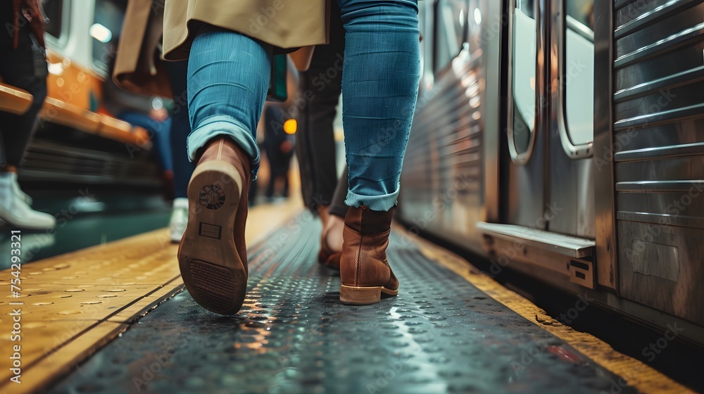 Commuter legs walking next to a suburban train, people taking public ...