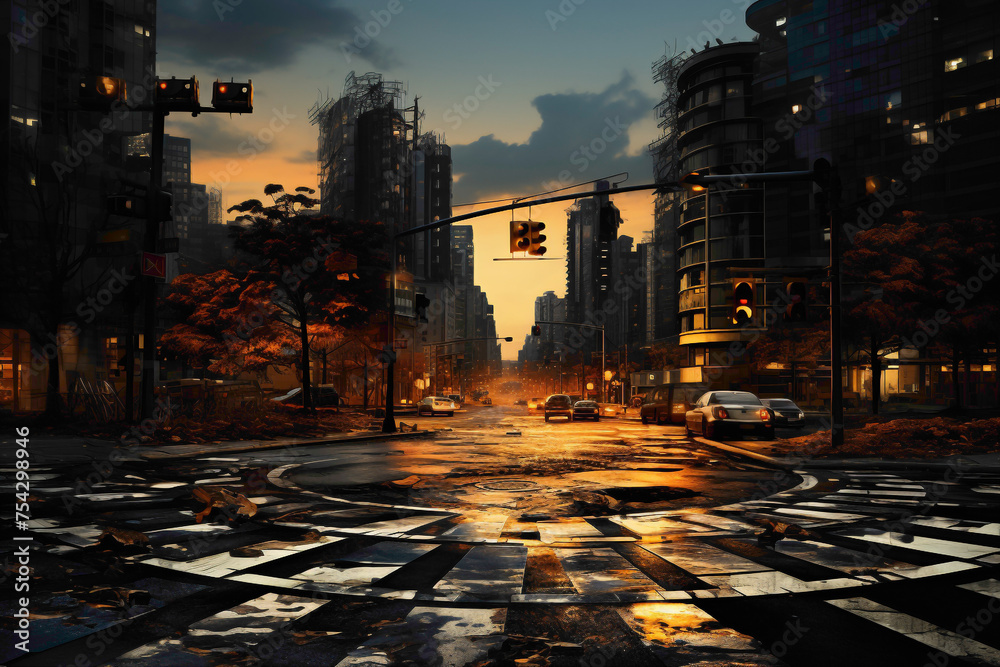 A deserted intersection with faded road markings and broken traffic ...