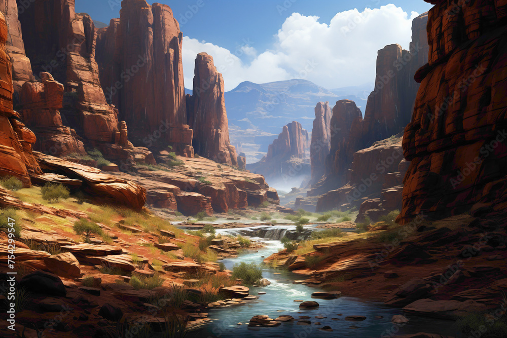 A dramatic canyon landscape, with towering red rock formations, deep ...