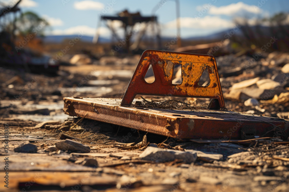 A close-up of a worn-out road sign warning of road hazards, emphasizing ...