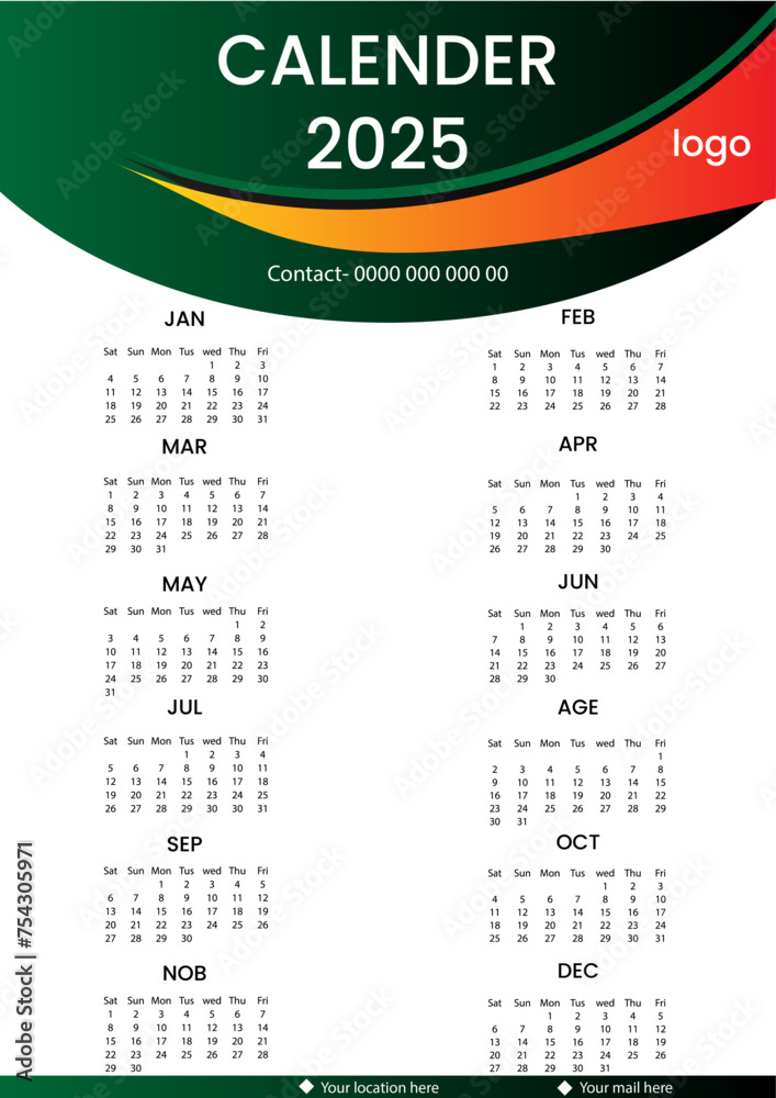Calander 2025 template design vector file Stock Vector | Adobe Stock