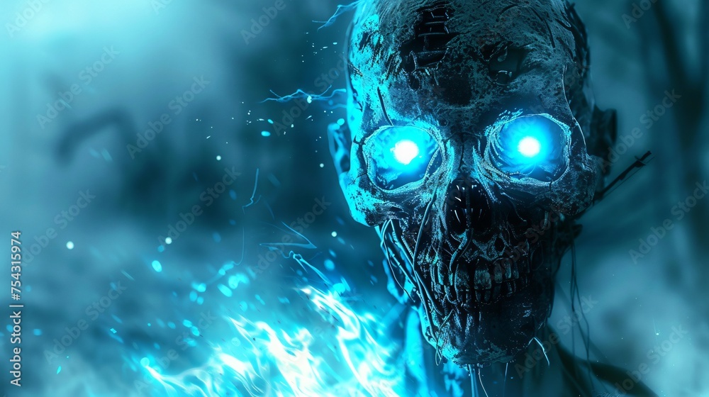 Digital zombie with glowing blue eyes representing the haunting ...