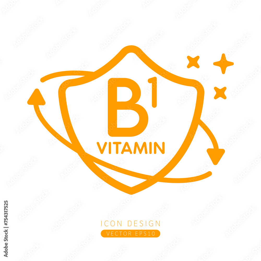 Vitamin B1 icon orange in shield surrounded by arrows Isolated on a ...