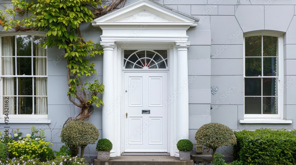 Main entrance door in house. Wooden front door with gabled porch and ...