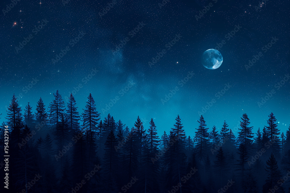 Pine forest at night on sky with moon and stars background in blue tones. AI Generative. Stock ...