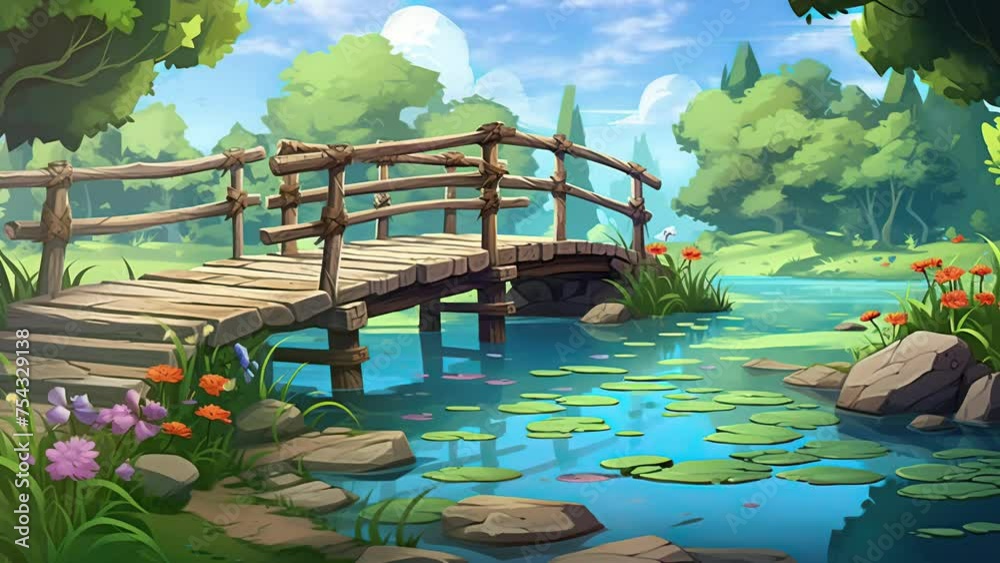 Relaxing Animated Background: Cartoonish Old Wooden Bridge and Koi Pond ...