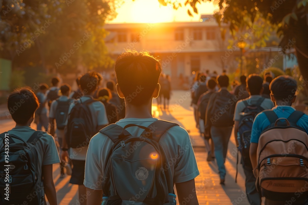 Young Students Walking to School at Sunrise and Sunset, To represent ...