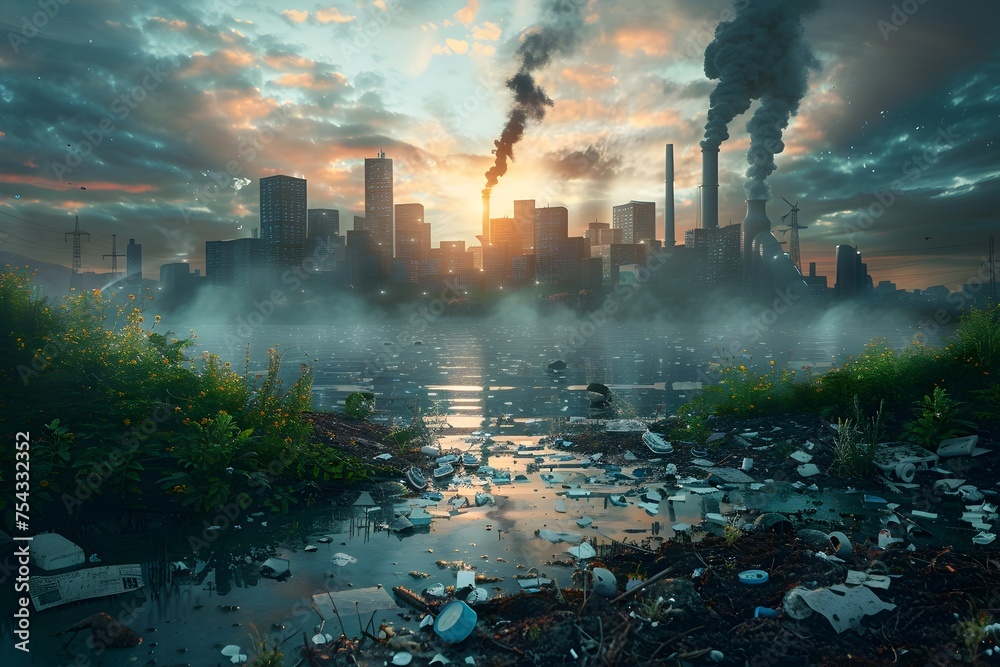 Futuristic City Skyline Surrounded by Greenery and Smoke, To highlight ...