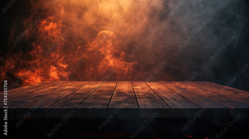 Wooden table with Fire burning at the edge of the table, fire particles ...