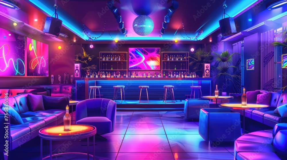 nterior of a nightclub with DJ stand and speakers in the arena, dance ...