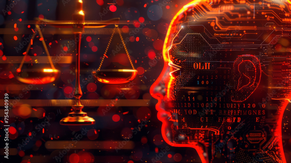 Conceptual image of AI with scales of justice, emphasizing the balance ...