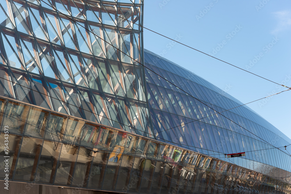 Frank Gehry wood, steel, glass canopy with reflection on the facade of ...