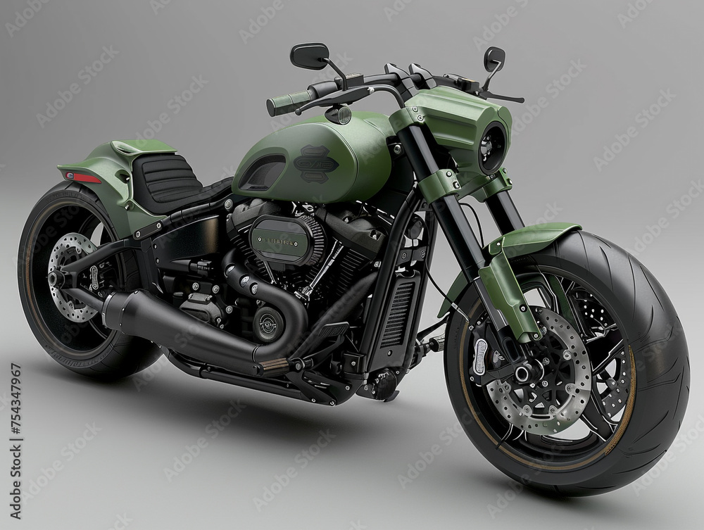 A modern green bobber style motorcycle with a classic American design ...
