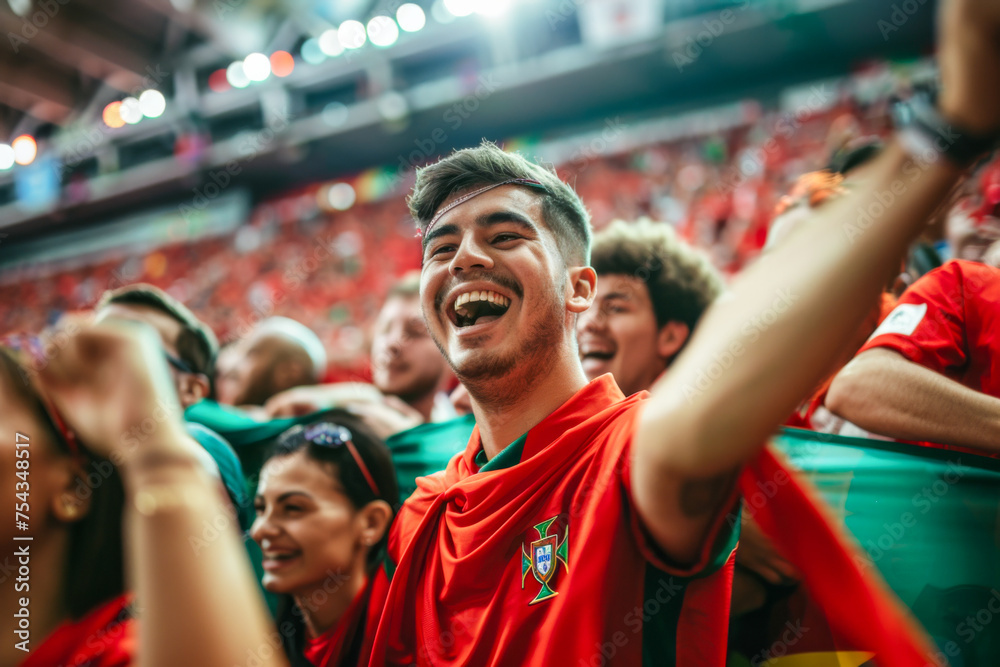 Portuguese football soccer fans in a stadium supporting the national ...