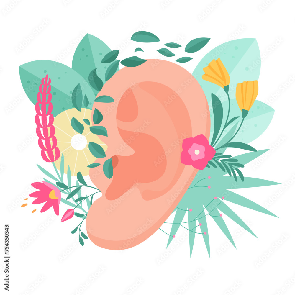 Hearing health care, audiology therapy and wellbeing. Human ear with ...