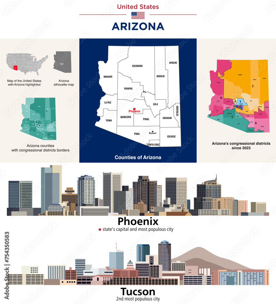 Póster Arizona's counties map and congressional districts since 2023 ...